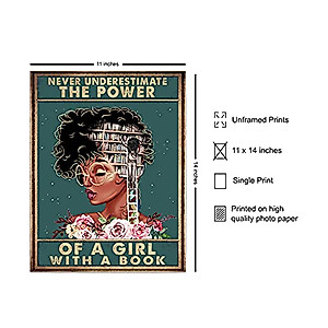 African American Classroom Decor - LARGE 11x14 - Never Underestimate a Girl With a Book Wall Art - African American Girl, Women - Inspirational Motivational Poster - Positive Quotes - Black Art