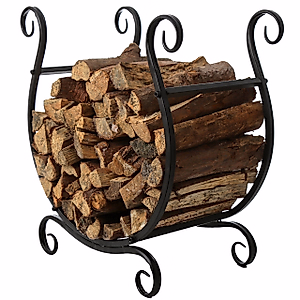 MyGift Black Metal Firewood Rack, Freestanding Fireplace Log Storage Holder with Scrollwork Design