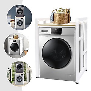 LOHISHILO Stacking Rack Stand, Heavy Duty Over Washer&Dryer Shelves with Adjustable Shelf, Space Saver Stackable Storage Shelf for Laundry Room Apartments Bedrooms (White& Light Walnut)