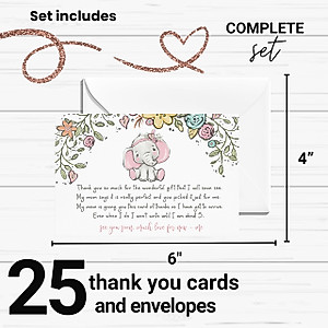 Paper Clever Party Cottage Elephant Baby Shower Thank You Cards with Envelopes - 25 Pack - Pink Floral 4x6 Blank Notes with Prefilled Message from Baby Girl - Personalizable Space for Customization