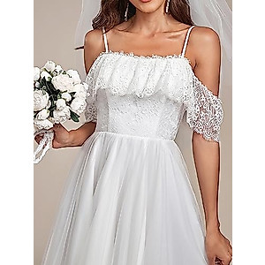 Ever-Pretty Womens Lace Spaghetti Straps Off Shoulder High Low Floor Length Wedding Dress for Bride White US12