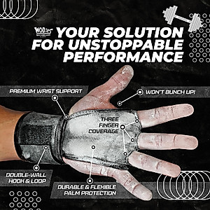 JerkFit WODies Black 3 Hole Gymnastics Grips with Wrist Support (Large) - Latex Free Elastic Pull Up Grip for Cross Training, WODs, Weightlifting - Workout Grips for Men and Women for Palm Protection