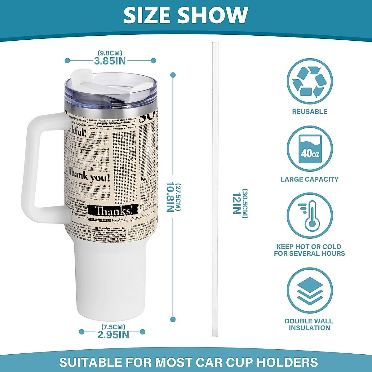 Takiito Newspaper Tumbler with Handle, Stainless Steel Vacuum Insulated Tumbler with Lid and Straw Fit Car Cup Holder, Leak-Proof BPA Free