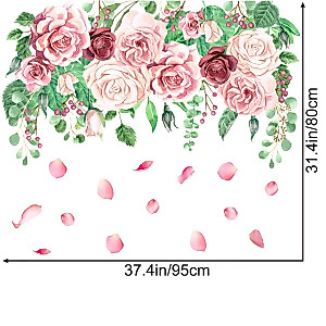 Peony Flowers Wall Decals Rose Flower Green Leaves Stickers DIY 3D Removable Floral Rose Skirting Wall Art Murals for Kids Baby Girls Bedroom Living Room Nursery Kitchen Office Room Decoration (Pink)