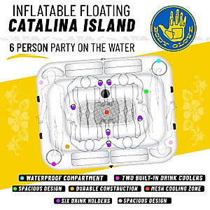 Body Glove Catalina Island - Six-Person Inflatable Floating Lounge with Bluetooth Speaker, 2 Coolers & 6 Drink Holders, Mesh Cooling Zone, Anchor System, Leisure Lake Relaxation