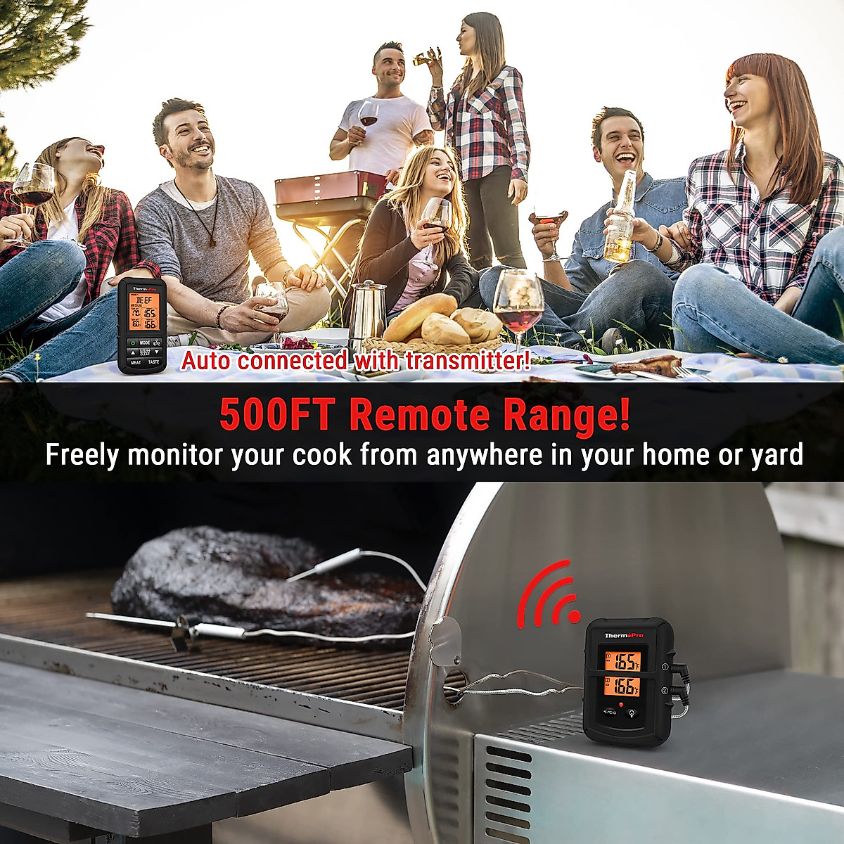 ThermoPro TP20B Black 500FT Wireless Meat Thermometer with Dual Meat Probe, Digital Cooking Food Meat Thermometer Wireless for Smoker BBQ Grill Thermometer, NSF Certified