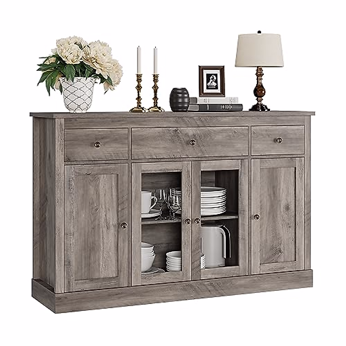 HOSTACK Sideboard Buffet Cabinet with Storage, 55" Large Kitchen Buffet Storage Cabinet with Drawers | Glass Doors, Modern Farmhouse Coffee Bar Cabinet, Wood Buffet Table Dining Room Cabinet, Ash Grey