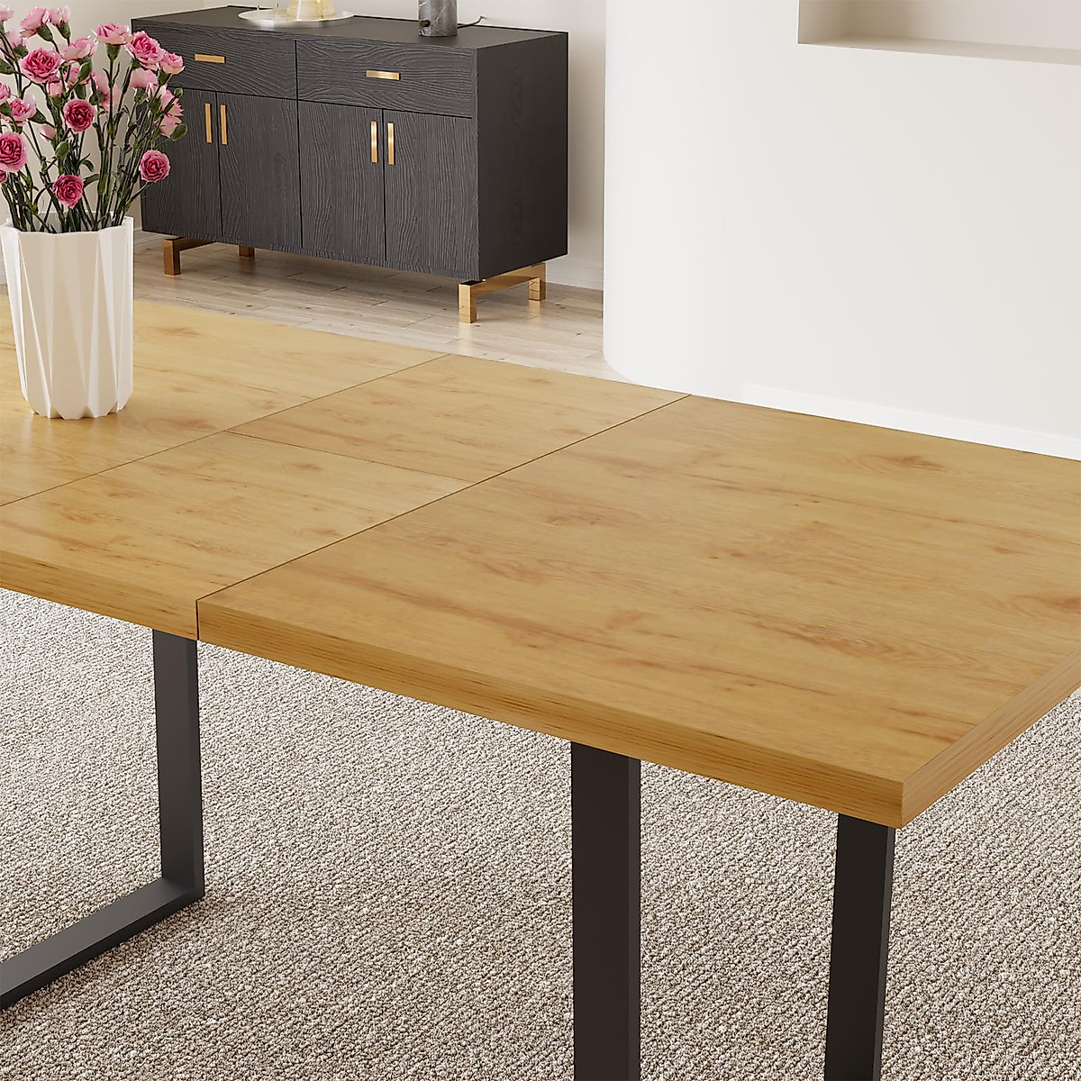 ZckyCine Dining Table Set for 6-8 People Kitchen Dining Room Table Set Extendable Wood Dining Table and 6 Upholstered Chairs, Home Kitchen Furniture