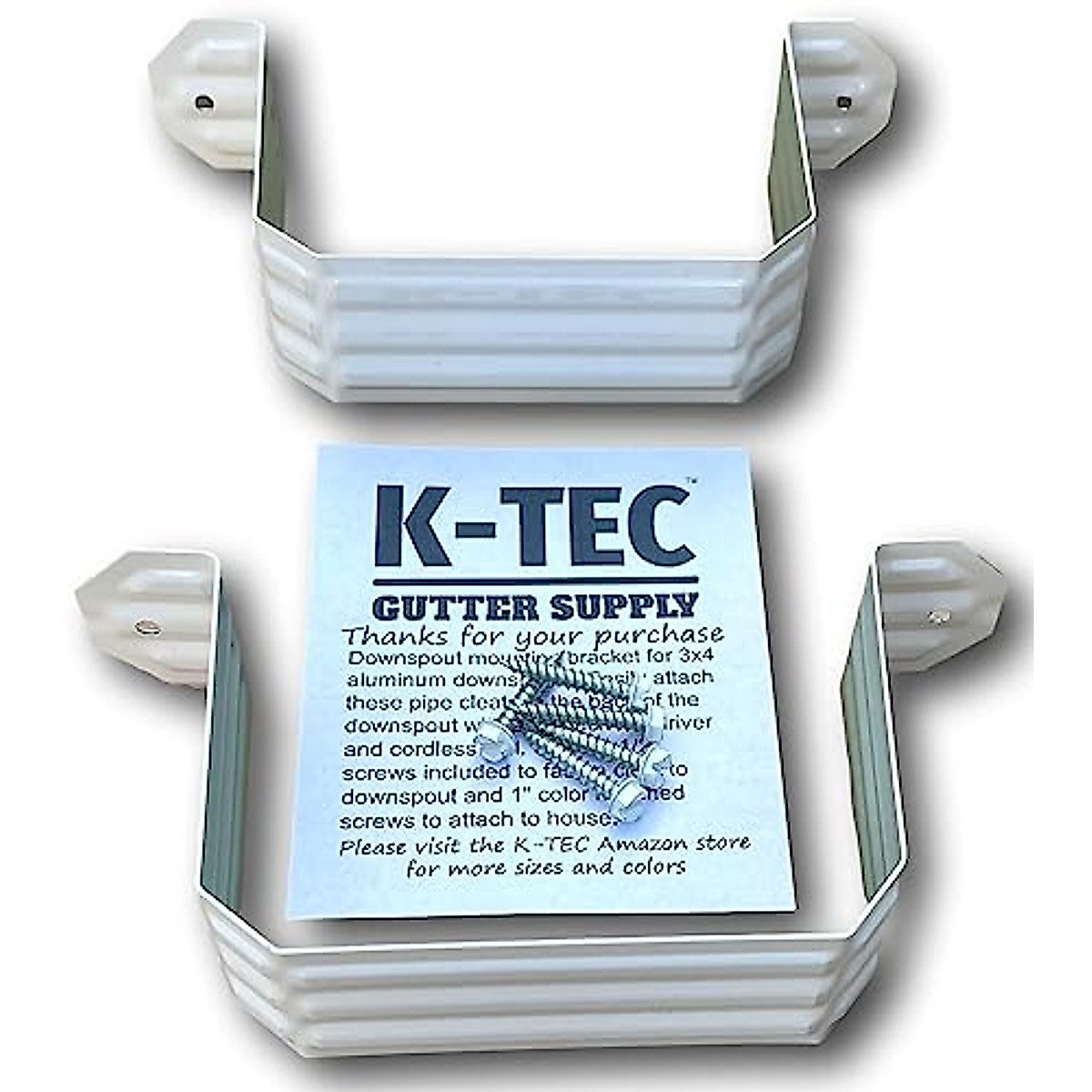 K-TEC Downspout Strap for 3 inch x 4 inch Aluminum Rain Gutter - Leader Pipe Adapter with Color Matched Screws. High Gloss White Set of 2 for 1 Downspout.
