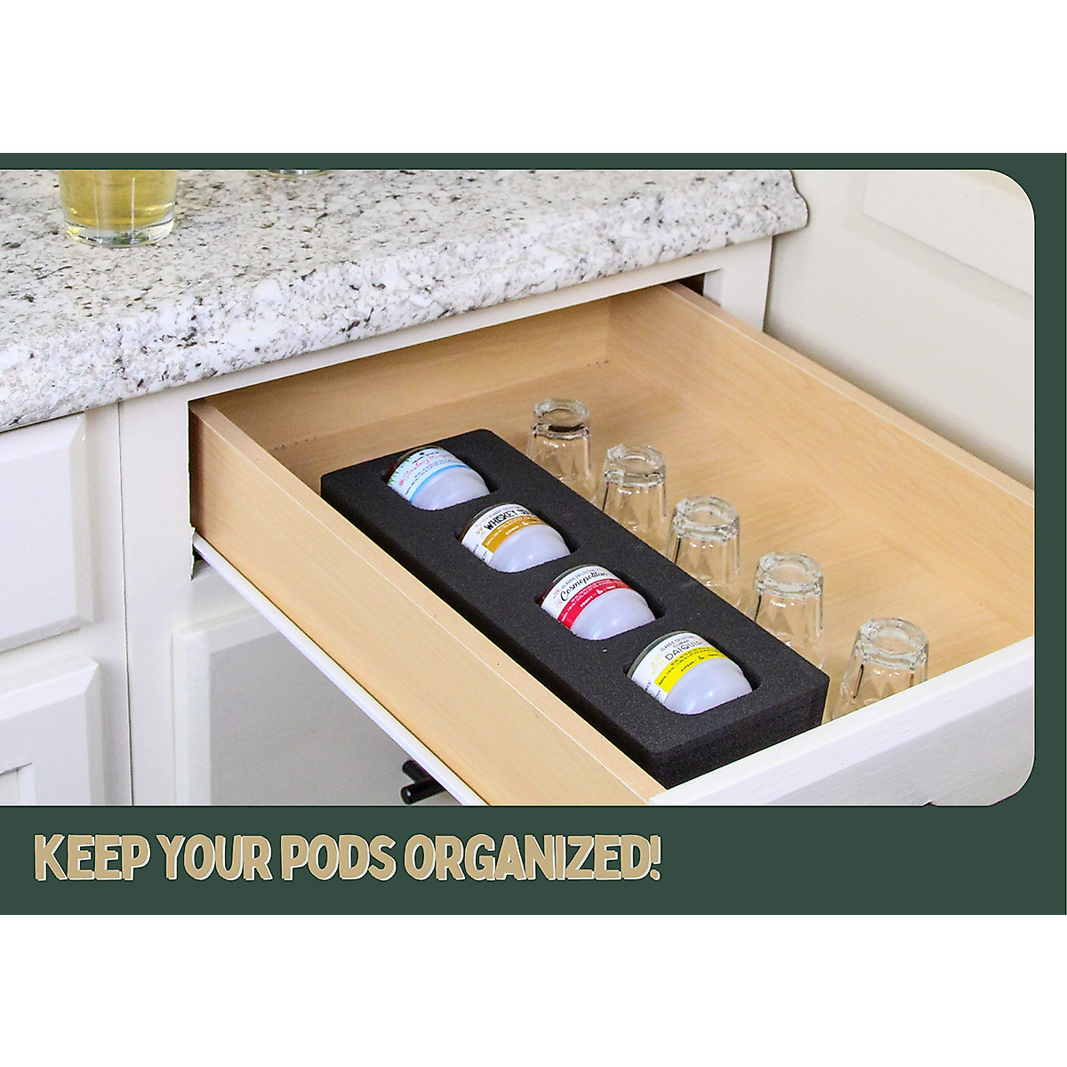 Polar Whale 4 Cocktail Capsule Drawer Organizers Tray Insert Compatible with Keurig DrinkWorks Pods for Kitchen Home Bar Party Waterproof Washable Black Foam 4 Compartment 4.5 x 11.75 Inches
