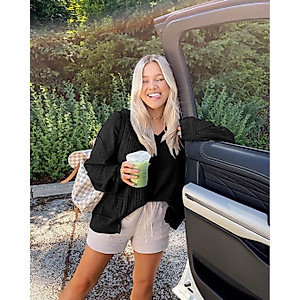 ASTANFY Womens Long Sleeve Sweatshirts Waffle Knit Shirts V Neck Solid Color Pullover Casual Loose Fit Tunic Tops