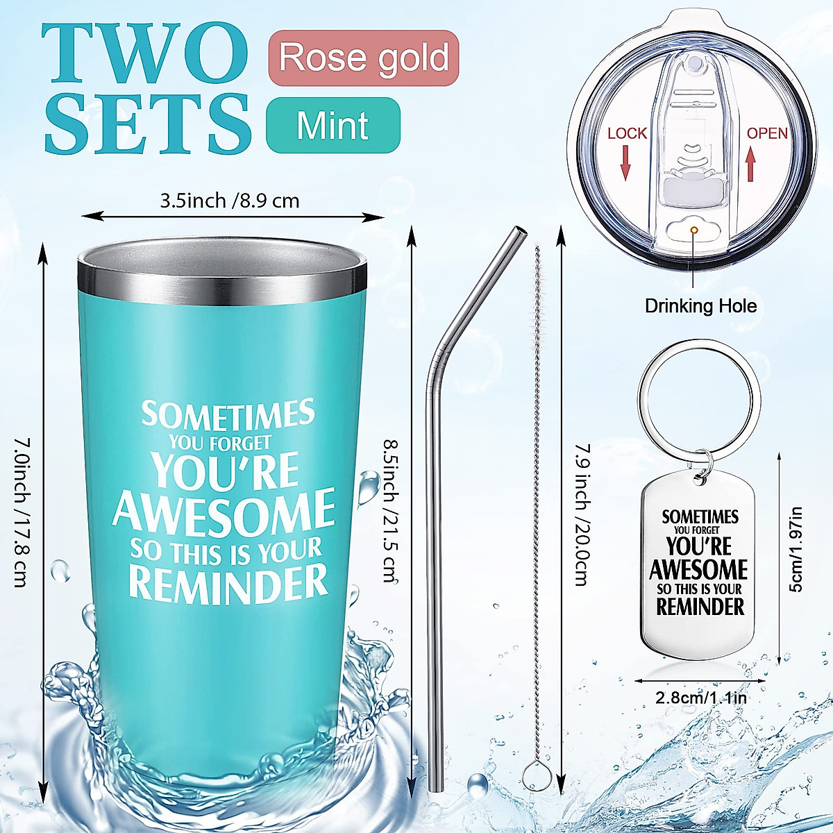 Sieral 4 Pcs Thank You Gifts, Inspirational Tumbler with Keychain Appreciation Gifts Inspirational Gifts for Women Men Coworker Friends Motivational Wine Tumbler 20 oz, Blue, Rose Gold