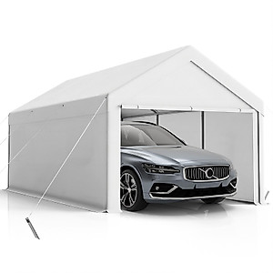 Outdoor Carport 10x20ft Heavy Duty Car Tent, Portable Garage Canopy Storage Shed, Car Shelter with Detachable Side Walls&Doors, All-Season Tarp for Car and Boat D White