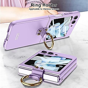 DOOTOO for Samsung Galaxy Z Flip 5 Case with Ring Holder Matte PC Built-in 9H Glass Screen Protector All-Inclusive Shockproof Case (Purple)