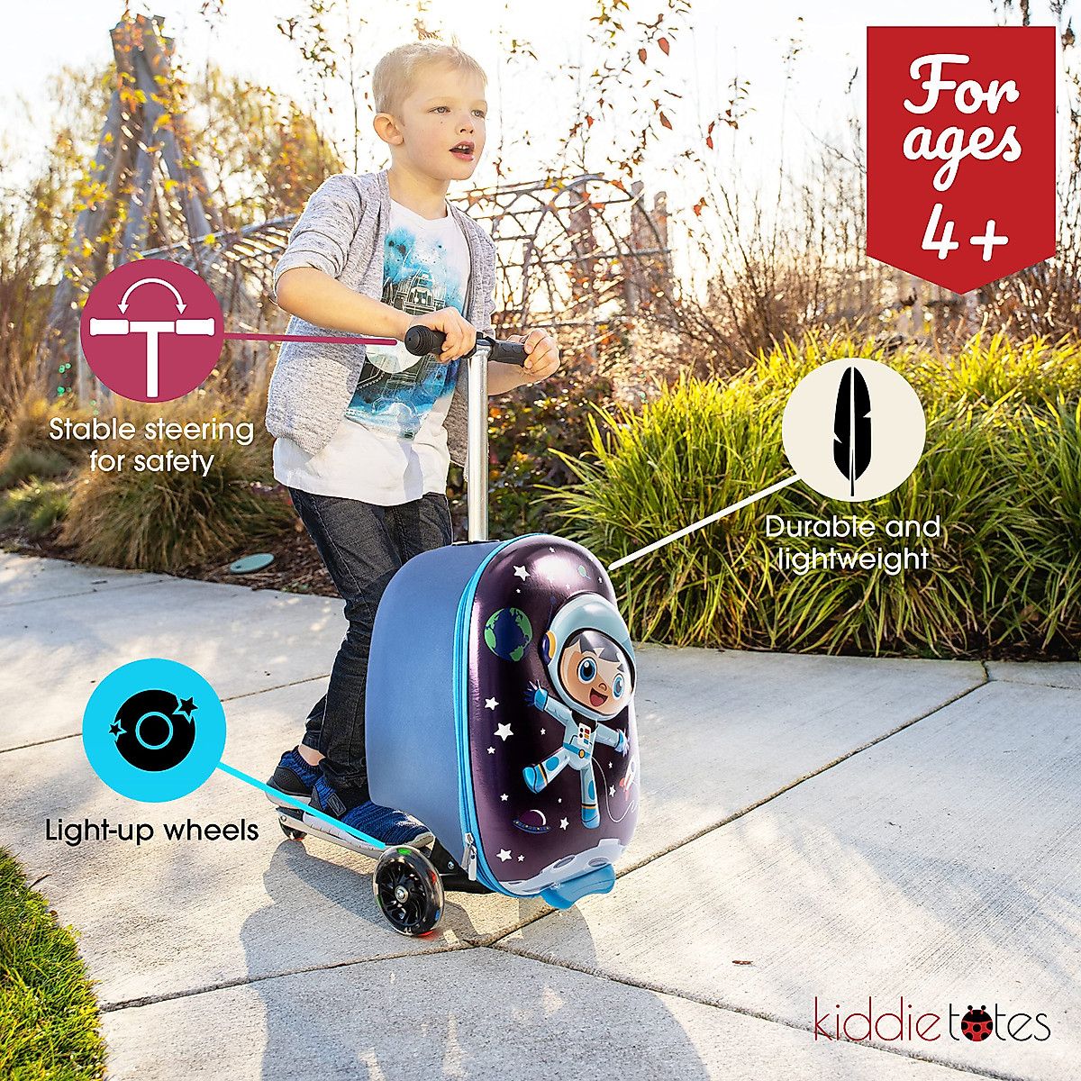 KIDDIETOTES 3-D Hardshell Ride On Suitcase Scooter for Kids -Cute Lightweight Kids Luggage with Wheels - Fun LED Lights