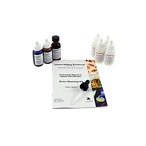 Gram Stain Kit, 7 Dropper Bottles - Crystal Violet (30mL), Safranin O 1.0% (30mL), Potassium Iodide 1.85% (30mL), 95% Denatured Ethyl Alcohol (4x25mL) - Includes Instructions - Innovating Science