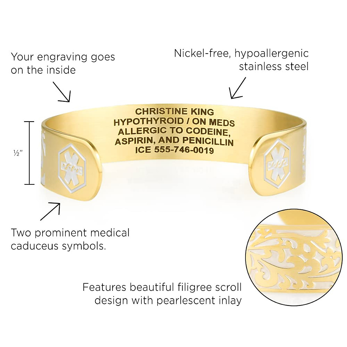 Lauren's Hope Custom Engraved Medical ID Cuff Bracelets for Women, Rose Gold, Silver and Gold (Gold Tone)