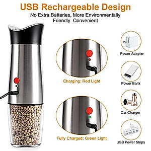 Electric Salt and Pepper Grinder Mill Rechargeable: - USB Automatic Gravity Peppermills Set, Adjustable Grind Coarseness Refillable Auto Peppercorn Shaker, Rechargable Battery Operated