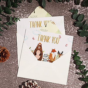 Zonon 72 Pieces Woodland Thank You Cards 36 Forest Envelopes and 36 Bear Forest Greeting Thank You Cards Animal Blank Notes Card for Baby Shower Party
