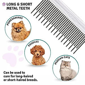 Detangling Pet Comb with Long & Short Stainless Steel Teeth for Removing Matted Fur, Knots & Tangles – Detangler Tool Accessories for Safe & Gentle DIY Dog & Cat Grooming (Grooming Comb)