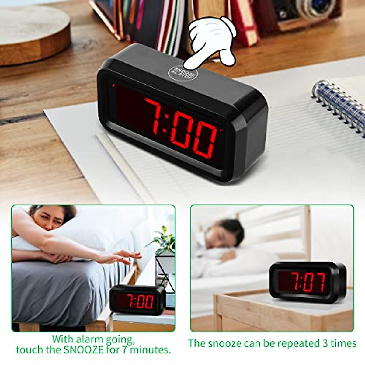 KWANWA Alarm Clock, Wall Clock, Battery Operated, Adjustable 3-Level Led Brightness, Dim Night Model, 12/24Hr, Cordless, Constantly 1.2'' Red Digits Display, Small Clock for Bedroom