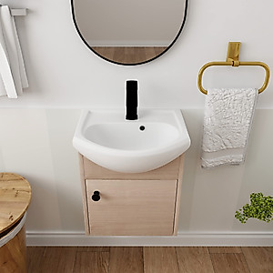 Pvillez Modern Bathroom Vanity with Sink Combo 18 inch Small Bathroom Vanity Set with Top Basin & Storage Cabinet Wood Wall Mounted Light Oak Bath Cabinet with Glossy Ceramic Sink for Small Space