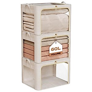 3Pack 60L Large Cloth Storage Bins with Metal Frame, Linen Storage Box with Clear Window, Stackable Sweater Storage for Closet, Clothes Storage Containers for Comforters, Blankets, Quilts, T-shirt