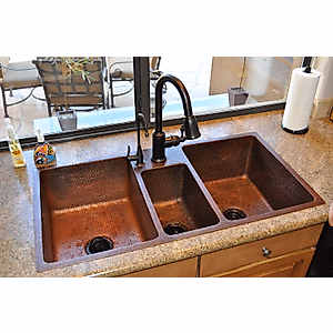 Premier Copper Products KTDB422210 42-Inch Hammered Copper Kitchen Triple Basin Sink, Oil Rubbed Bronze