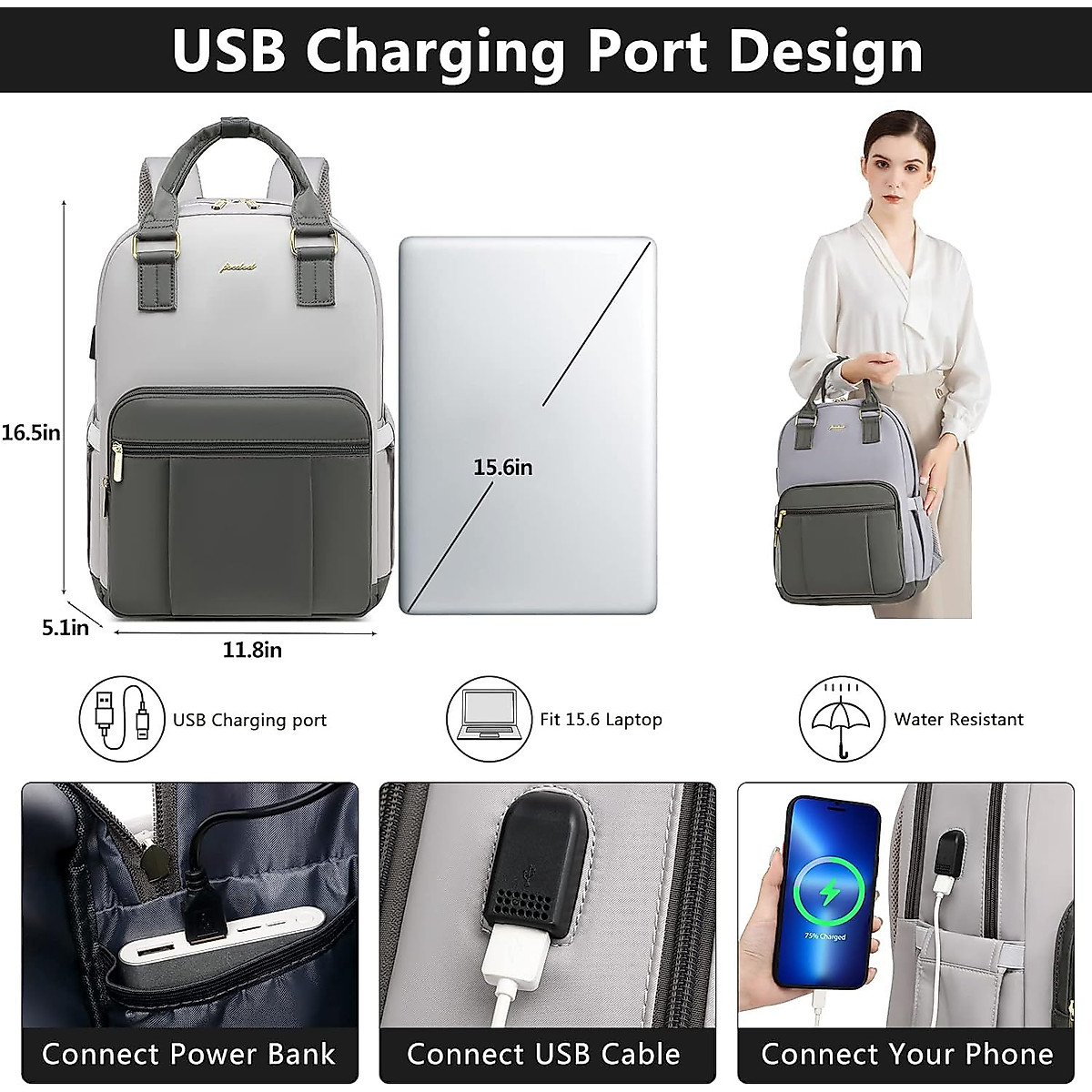 Focdod Laptop Backpack for Women Girls: Cute School Backpack for Teen Girls Bookbag Teacher Nurse Work Bag Waterproof Nursing Bag Back Pack 15.6 Inch Collegewith USB Charging Port Gift Grey