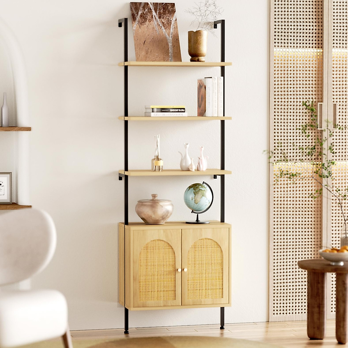 Ladder Bookshelf with Cabinet, 6 Tier Wall Mount Ladder Bookcase with Rattan Cabinet, Tall Open Ladder Shelf with Metal Frame for Living Room, Bathroom, Home Office, Natural