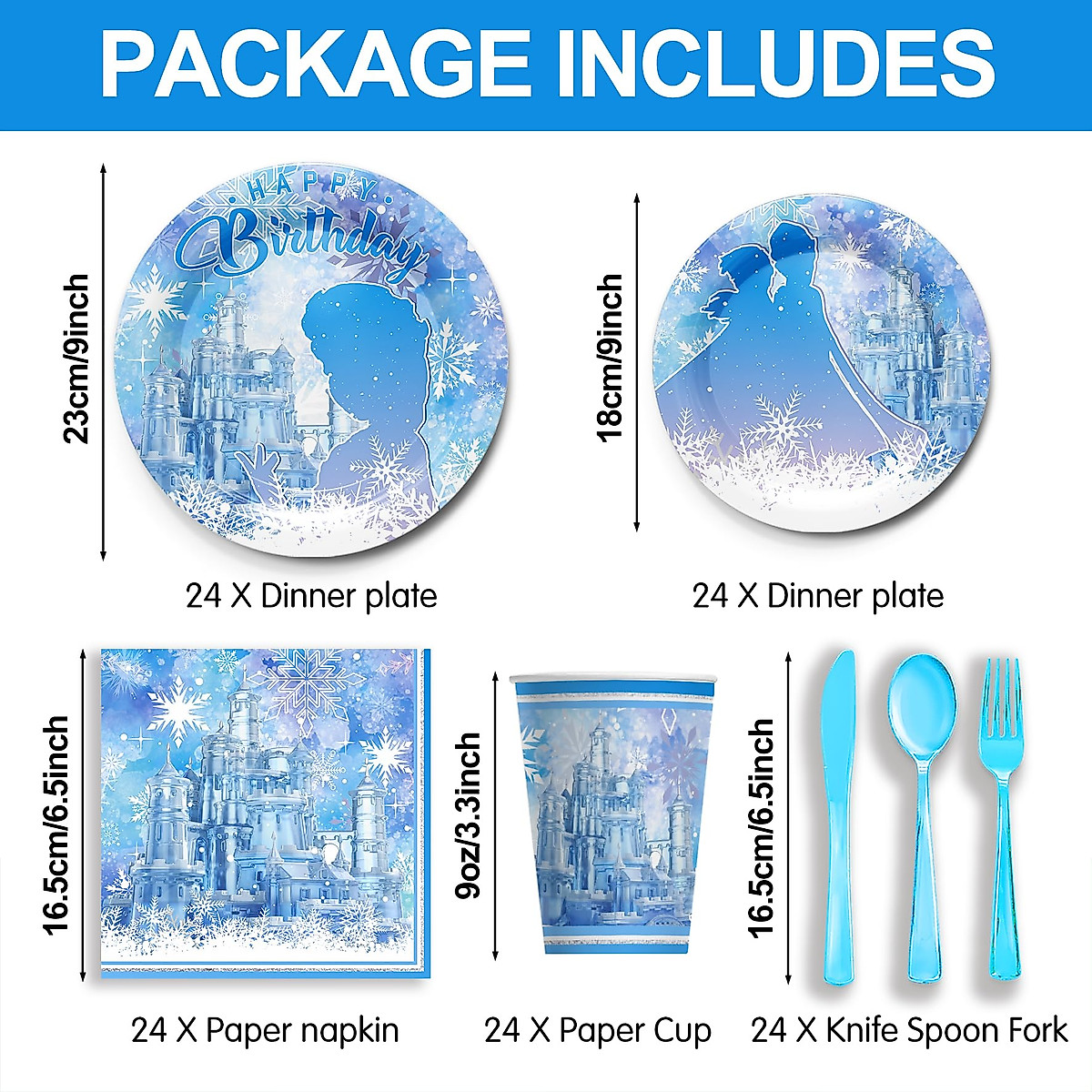 Piooluialy Frozen Birthday Party Supplies Tableware - Frozen Themed Party Decorations Include Dinner Plates, Cups, Napkins, Cutlery, Snow Frozen Baby Shower Birthday Party Decorations | 24 Guests