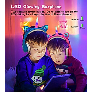 YUSONIC Unicorn Headphones for Girls,15 Hours Play time,Bluetooth Unicorn Headphones Toddler School Laptop Cellphones Plane use, Light Up Wireless Kid Headphone Birthday Gifts (Pink)