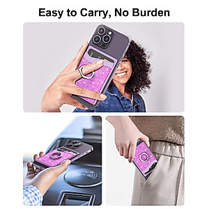 Anfauny MagSafe Phone Wallet - Leather Magnetic Cell Phone Wallet Card Holder with 360°Rotation Ring Phone Stand & RFID Blocking Compatible with iPhone 15/14/13/12 Series & MagSafe Cases - Purple