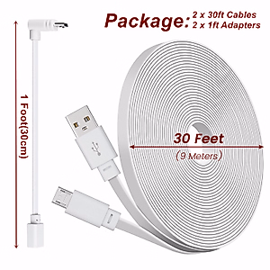2 Pack 30ft Power Extension Cable Compatible with Wyze Cam v4,Wyze Cam Pan v3,Wyze OG,Wyze Cam v3 and v3 Pro Security Camera - 9m Long Flat USB to Micro USB Charging Cord with L-Shaped Adapter, White