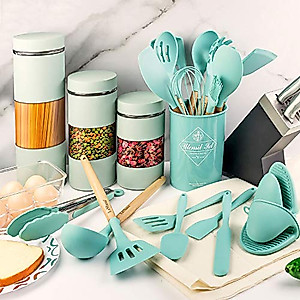 LeMuna 18pcs Silicone Kitchen Utensils Set, Kitchen Cooking Utensils Set with Holder, Wooden Handle Silicone Utensils Set, Heat Resistant, BPA Free, Non Toxic