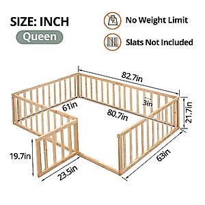TURRIDU Queen Size Montessori Floor Bed, Multifunctional Wood Bed Frame with Fence & Door for Children Boys Girls Bedroom Living Room, Without Slat & Unlimited Weight, Natural