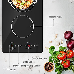 GIHETKUT Double Induction Cooktop, 110V Electric Cooktop 2300W Electric Stove Top with 2 Burner Independent Control, Ultrathin Body, 9 Temperature, Multiple Power Levels, 2 Hour Timer, Safety Lock