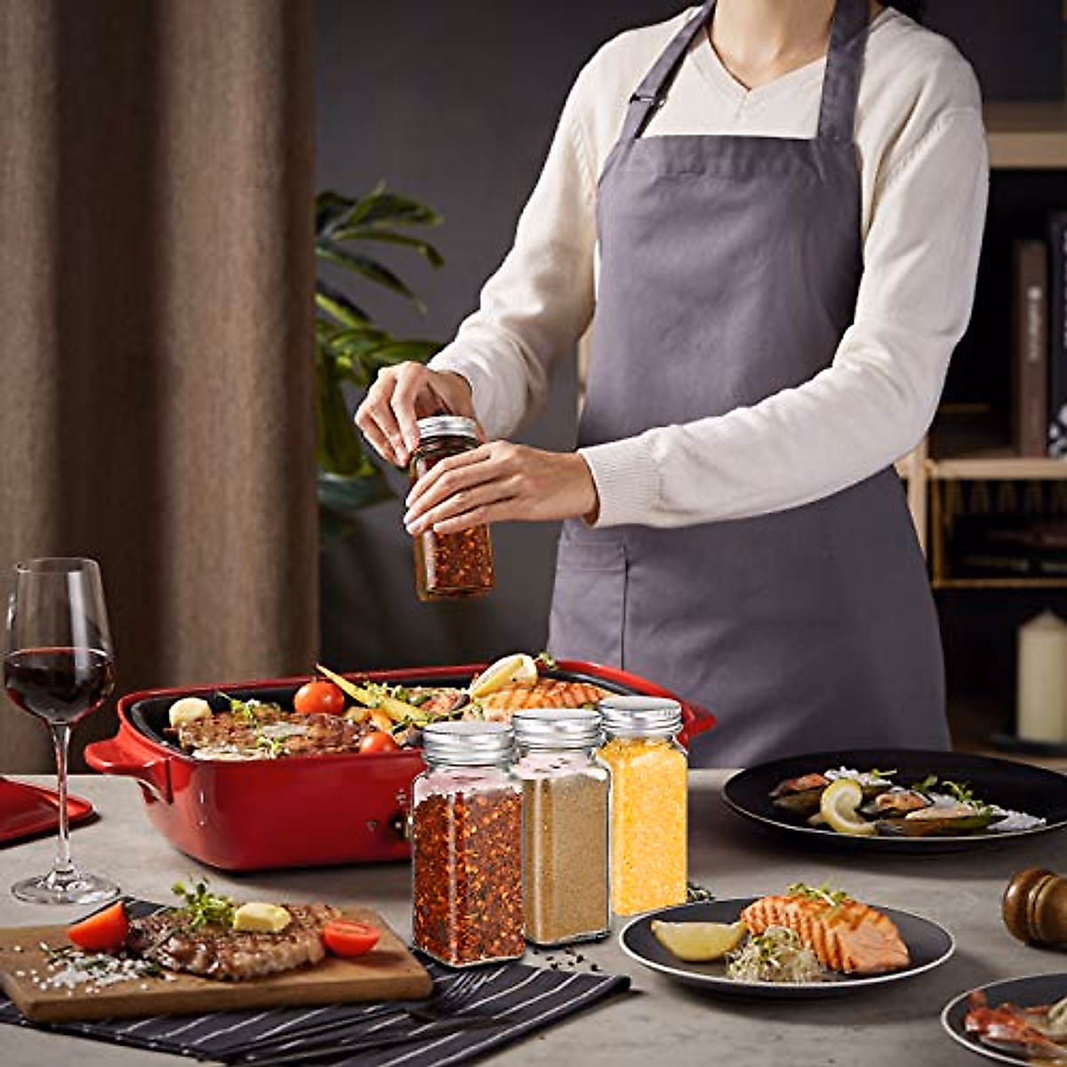 30 Pack 6oz Glass Spice Jars Bottles, Empty Square Containers with Silver Airtight Metal Caps and Pour/Sift Shaker Lid - 30 Black Labels,1 Chalk Marker,1 Silicone Collapsible Funnel,2 Brush Included