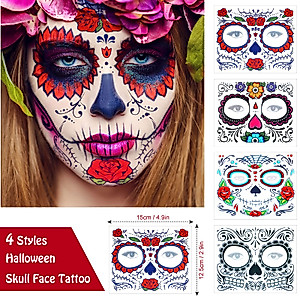 6 Pieces Day of the Dead Costumes for Women Halloween Crown Rose Floral Veil Headband Headpiece with Halloween Skull Face Temporary Tattoo Masquerade Mask for Costume Party (Black)