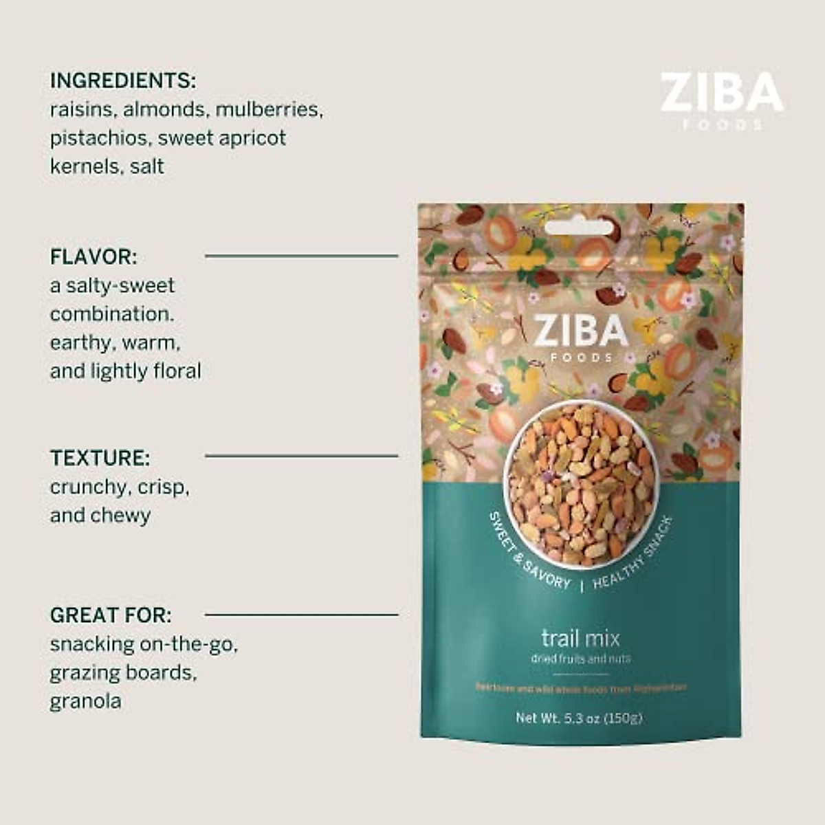 Ziba Foods Trail Mix - Sweet Apricot Kernels, Mulberries, Raisins, Almonds & Pistachios - Non-GMO, Vegan, Whole 30 Friendly & Paleo - High in Fiber, Iron & Antioxidants | Sweet & Savory Snack, 5.3 oz