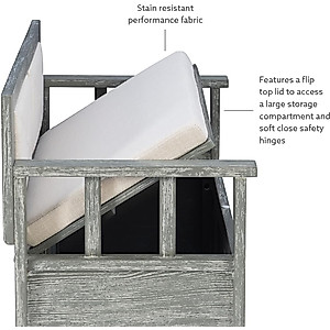 Linon Weathered Grey Carlton Storage Bench with Beige Upholstered Back and Cushioned Seat