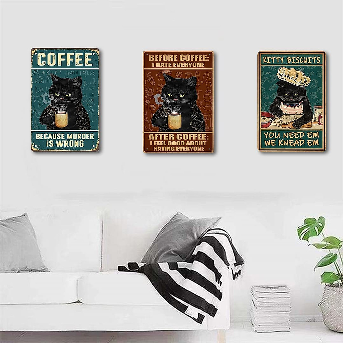 Black cat Wall Art & Decor - Cat Themed Gifts for Women Cat Lovers Kitty Biscuits You Need We Knead Metal Signs Coffee and Bar Funny Iron Painting 8X12 Inch