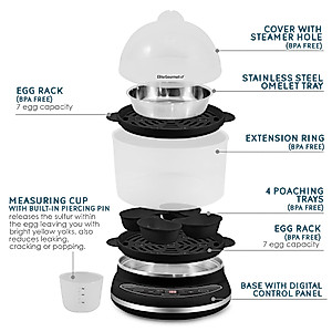Elite Gourmet EGC314CB Digital Easy Egg Cooker Food Steamer, Poacher, Omelet, Soft, Medium, Hard-Boiled Egg with 6 Programmed Preset Functions, 2-Tiers, Measuring Cup, BPA Free, 14 egg capacity, Black