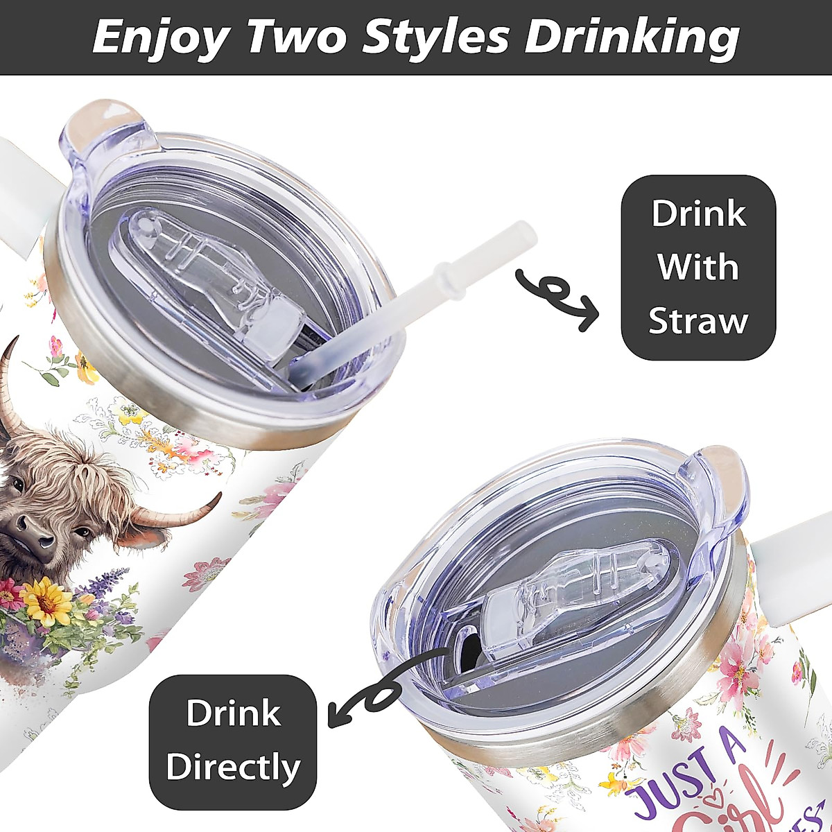 thmasamwr Just A Girl Who Loves Cows Tumbler with Lid and Straw, Stainless Steel 40oz Tumbler with Handle, Cow Print Travel Coffee Mug Cups Gifts for Women and Girls