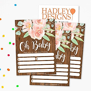 25 Rustic Floral Baby Shower Invitations, Sprinkle Oh Baby Invite For Girl, Coed Gender Reveal Neutral Theme, Pink Floral Printed Fill or Write In Blank Printable Card, Cute Wood Party DIY Supplies