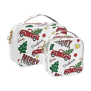 RunningBear Cartoon Christmas Truck Tree Clear Toiletry Bag 2 Pcs Cosmetic Bag Makeup Bag Travel Storage Pouch Set with Handle for Men Women Cosmetics Toiletries Travel Accessories