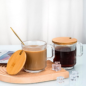 HUAHANGNA Vintage Coffee Glass Mugs for Beverage - Ribbed Short Latte Cups Set of 4, Clear Tea Cup with Bamboo Lid and Spoon, Dessert, Pudding, Ice Cream, Yogurt, Cappuccino, Espresso cup