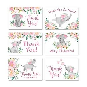 Hadley Designs 24 Pink Floral Elephant Baby Shower Thank You Cards With Envelopes, Kids Thank You Note, Vintage Animal 4x6 Varied Gratitude Card Pack For Party, Modern Event Stationery