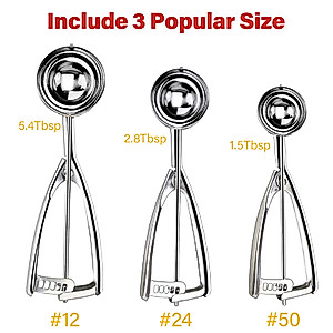 Cookie Scoop Set of 3 - Ice Cream Scoop with Trigger Include 1.5 Tbsp / 2.8 Tbsp / 5.4 Tbsp - 18/8 Stainless Steel Heavy Duty Cookie Dough Scoop for Baking Melon Baller Meatball Cupcake Muffin