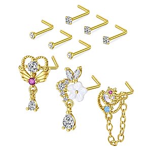 D.Bella 20G L Shaped Nose Studs Surgical Stainless Steel Nose Rings Studs Diamond Nostril Nose Piercing Jewelry Gold